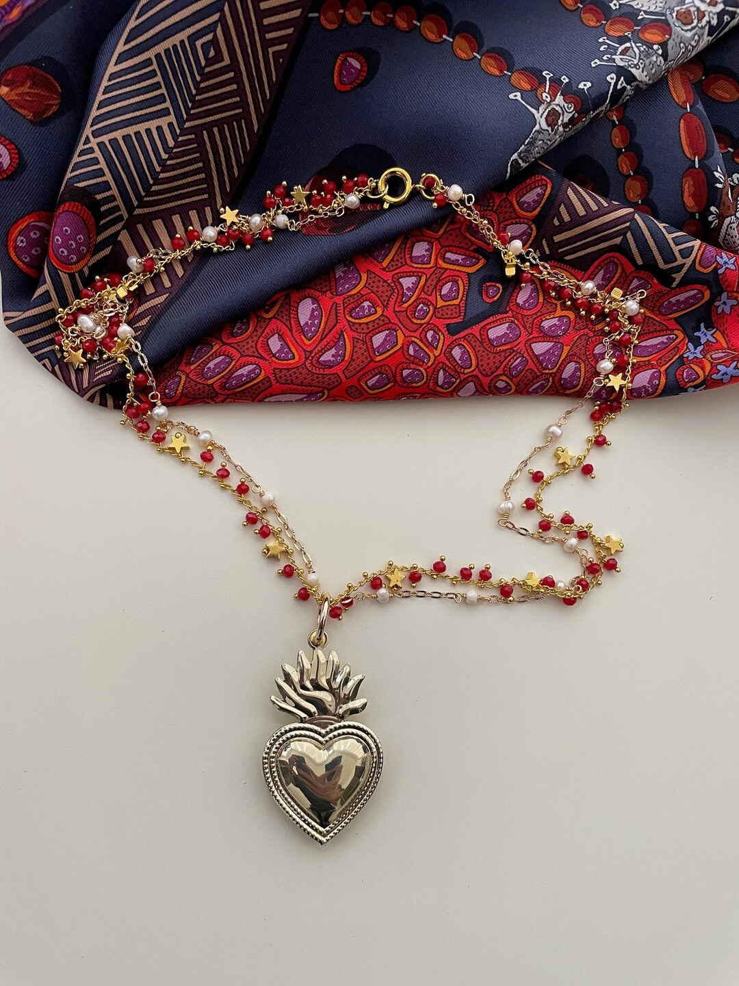 Double Strand Necklace, Rosary-type Chain and Heart Pendant. Red Agate ...