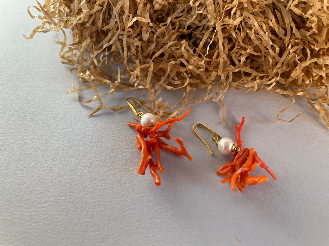 Authentic Mediterranean Coral Cluster Earrings, Baroque Pearl, Sicilian ...