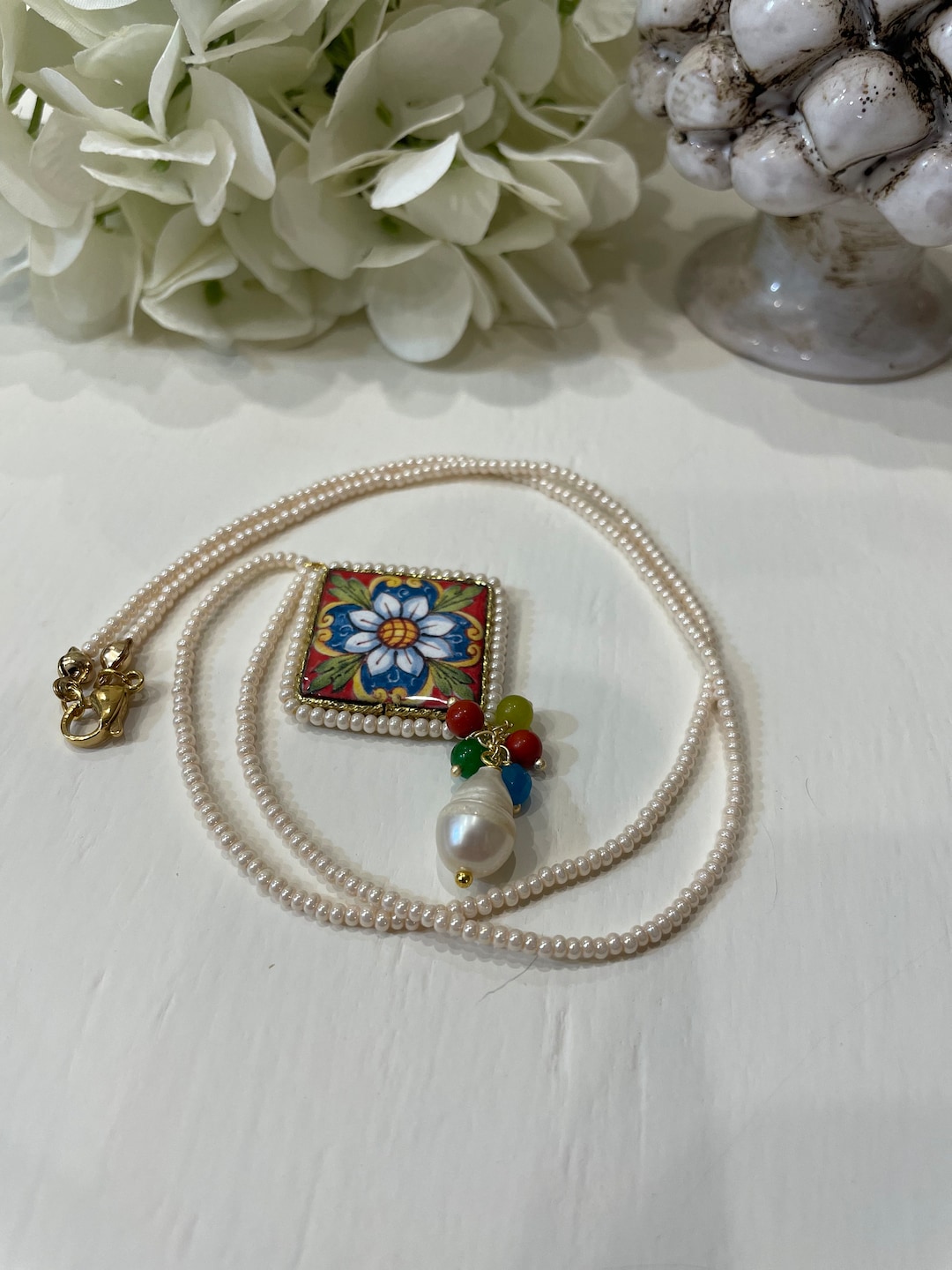 Necklace With Micro River Pearls, Caltagirone Ceramic Tile Pendant ...