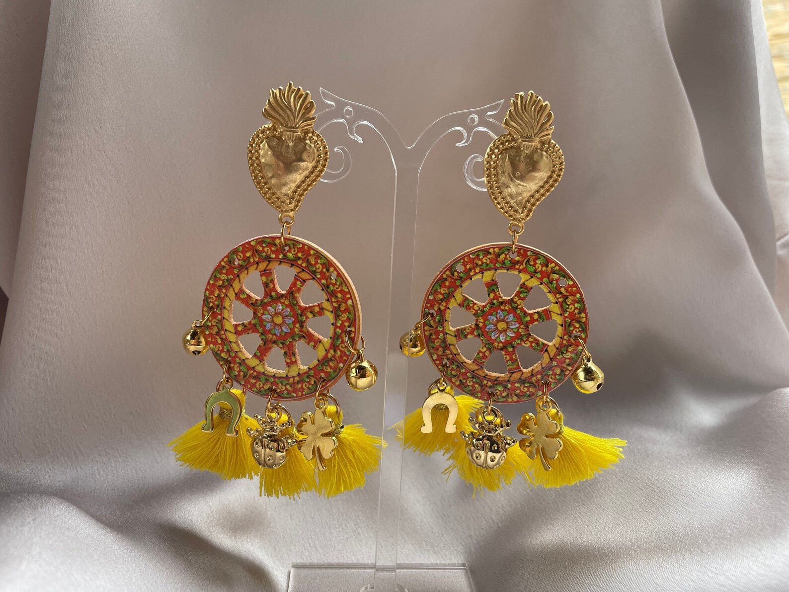 Sacred Heart Ex-voto Earrings, Cart Wheel Earrings, Colored Tassels ...