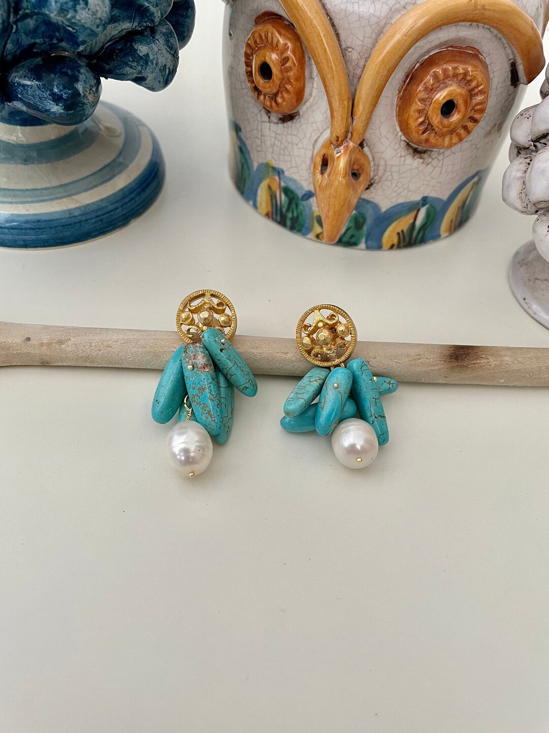 Pendant Earrings, Byzantine Zamak Pin, Turquoise Stone Chips and ...