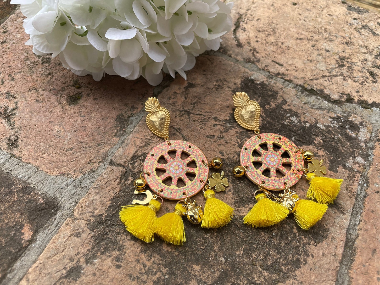 Sacred Heart Ex-voto Earrings, Cart Wheel Earrings, Colored Tassels ...