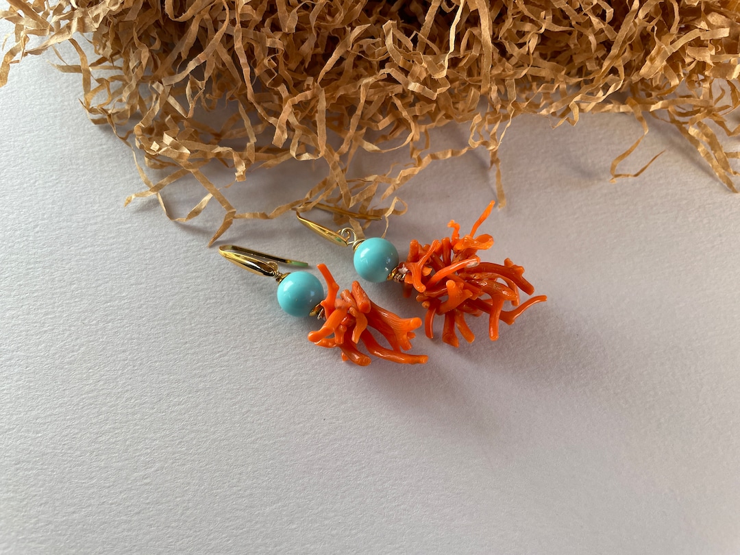 Authentic Mediterranean Coral Cluster Earrings, Turquoise Pearl ...