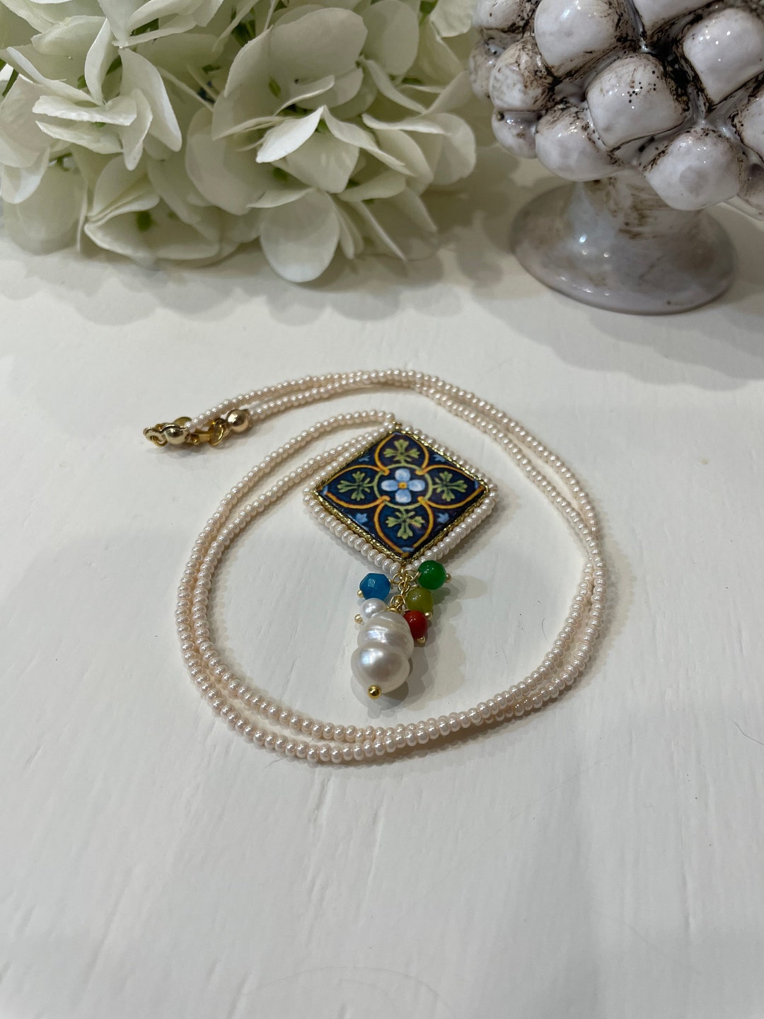 Micro-river Pearl Necklace, Caltagirone Ceramic Tile Pendant, Cluster ...