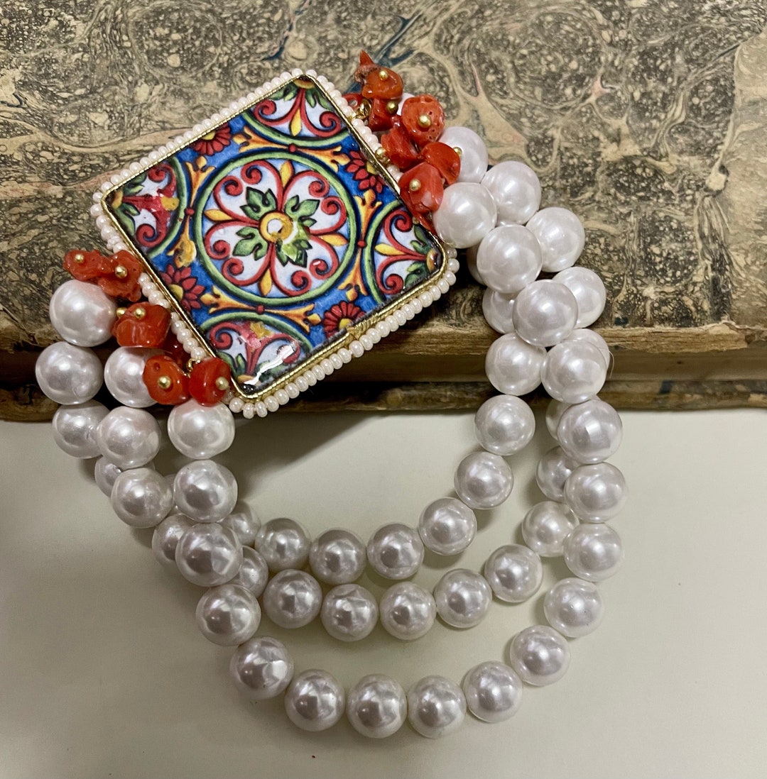 Tile Bracelet, Sicilian Bracelet With Three Strands of Mallorca Pearls ...