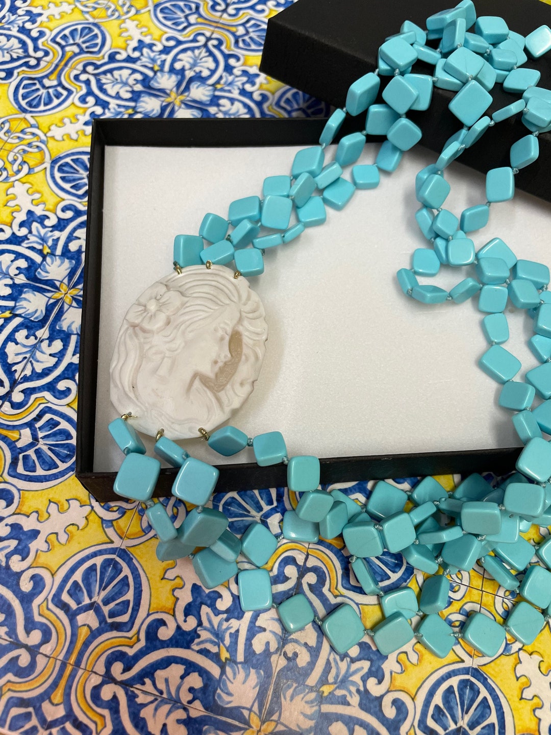 Multi-strand Turquoise Necklace, Rhombus Pearls and Genuine Oval ...