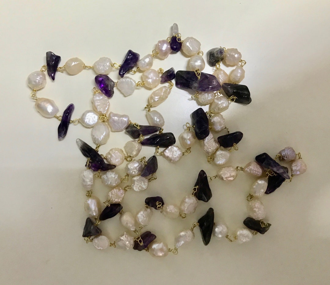 Long Necklace of River Pearls and Amethyst. Gift for Her. - Etsy