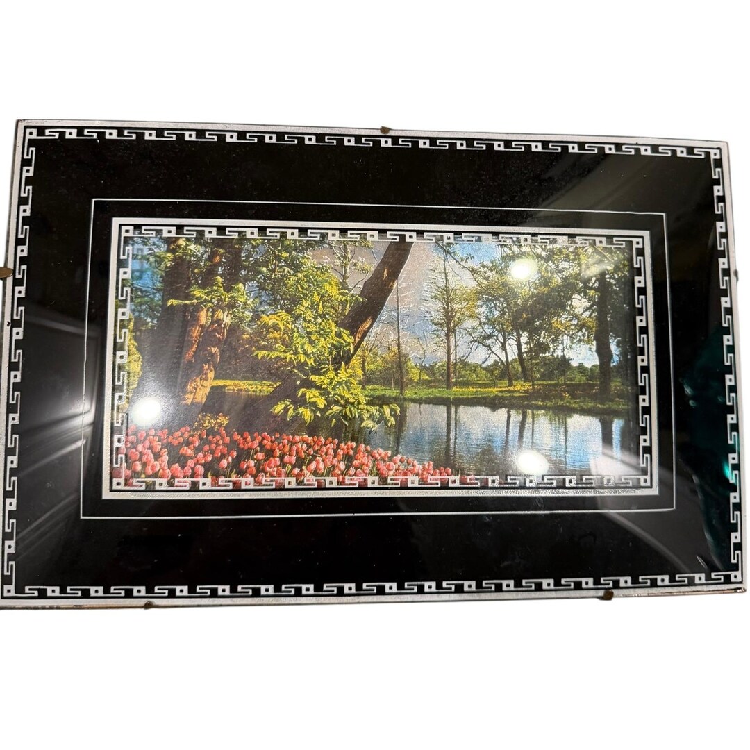 Vtg 40s Landscape Picture Art Print Tulips Lake Trees Black Frame Greek ...