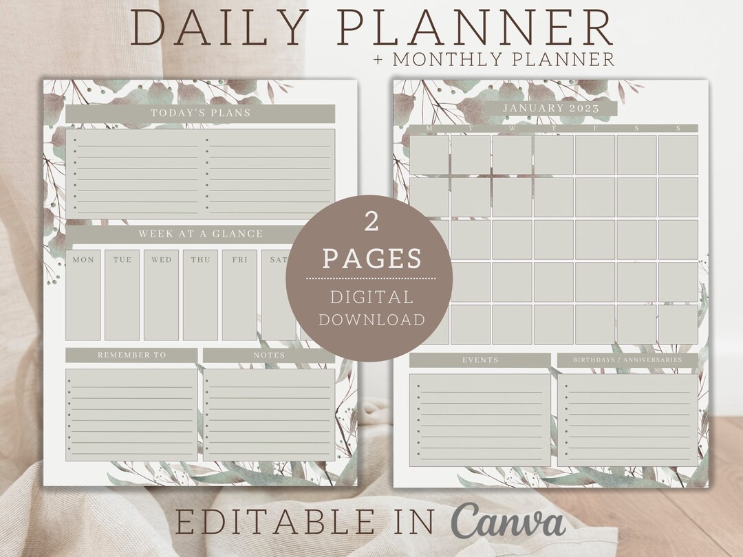 Daily Monthly Planner EDITABLE Template | Digital Calendar Template ...