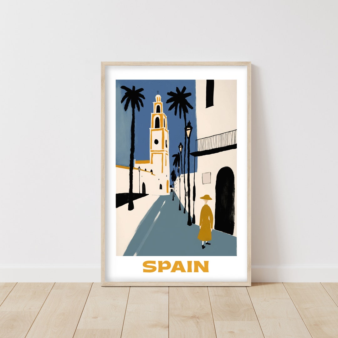 Vintage Spanish Travel Poster Art, Mediterranean Street Scene, Vibrant ...