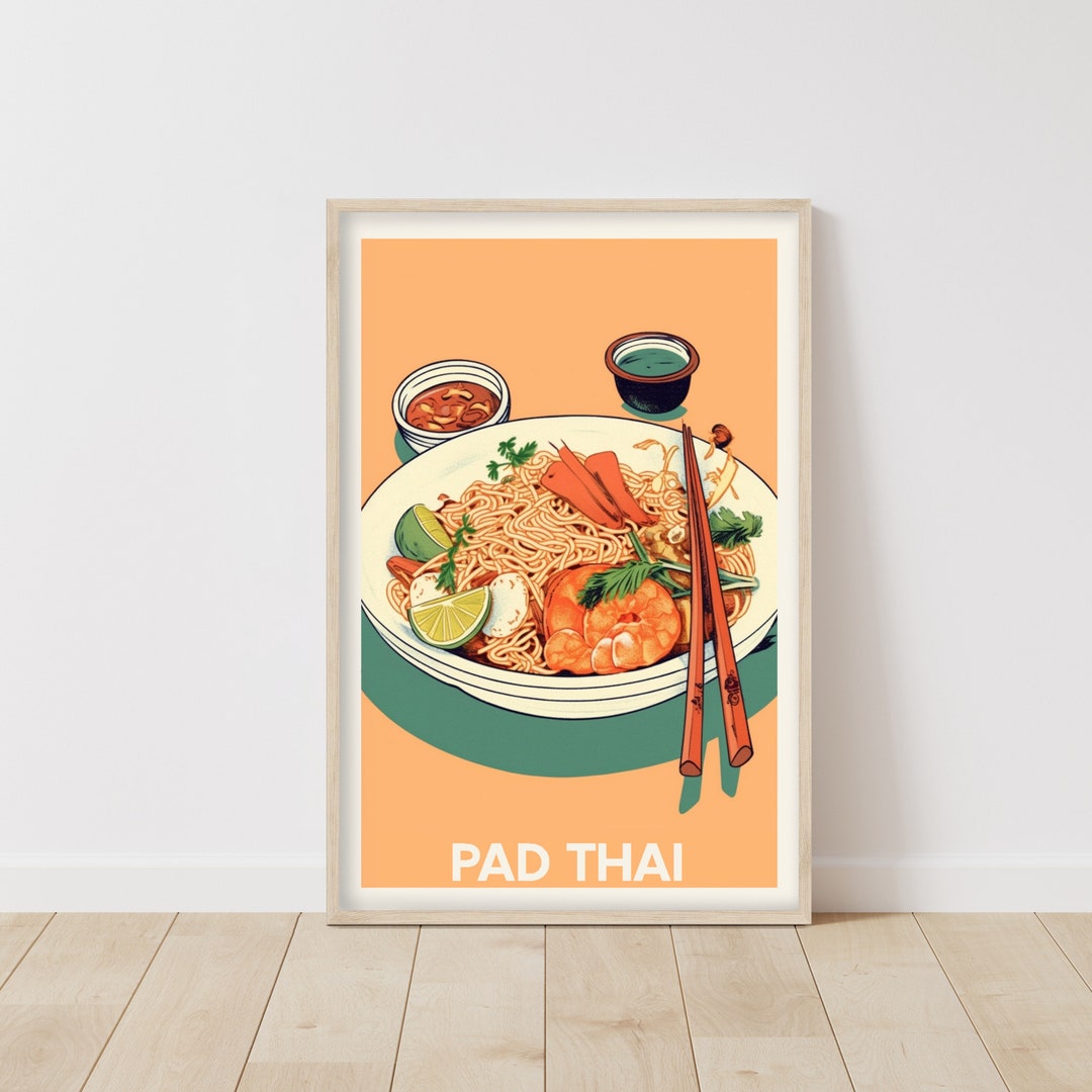 Vintage Style Pad Thai Illustration Art Print, Colorful Asian Cuisine ...