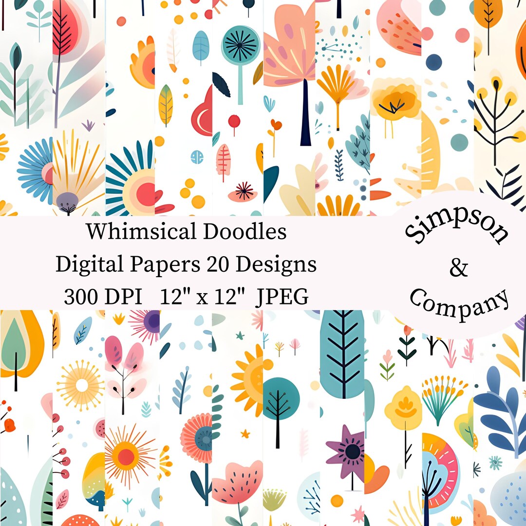 20 Whimsical Doodles Digital Papers, JPEG, 12 X 12, Scrapbook Paper ...