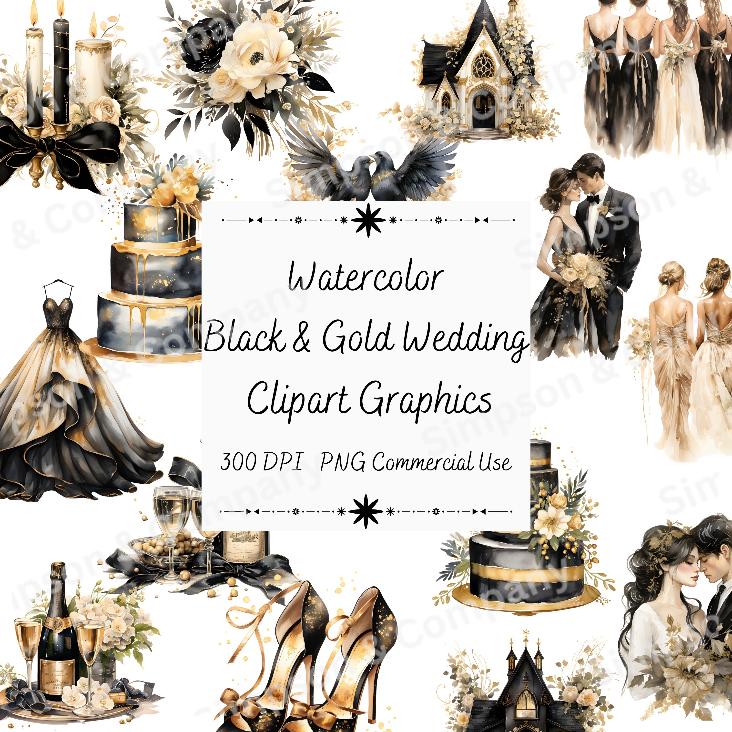 35 PNG Watercolor Black & Gold Wedding Clipart, Wedding Graphics ...