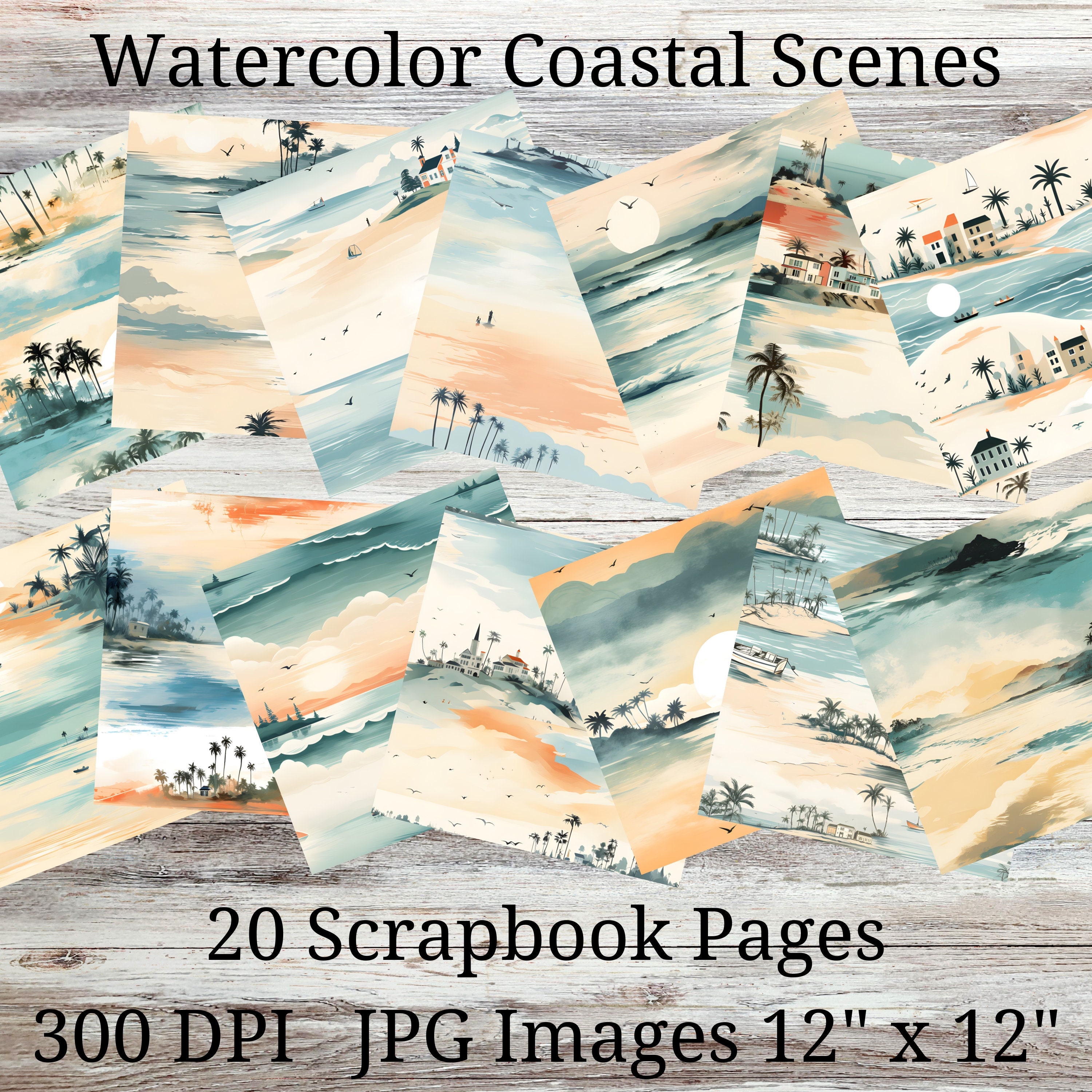 20 Watercolor Coastal Scenes Digital Papers, JPEG, 12 X 12, Scrapbook ...