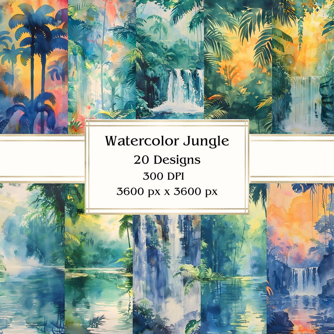 20 Watercolor Jungle Digital Paper, JPEG, 12" X 12", Scrapbook Paper ...