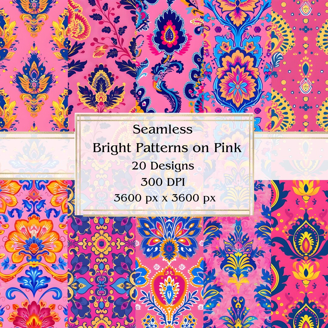 20 Bright Patterns on Pink Seamless Digital Paper, JPEG, 12" X 12 ...