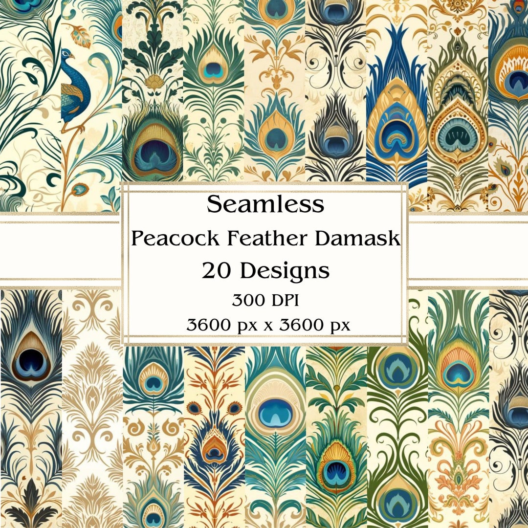 20 Peacock Feather Damask on Beige Seamless Digital Paper, JPEG, 12" X ...