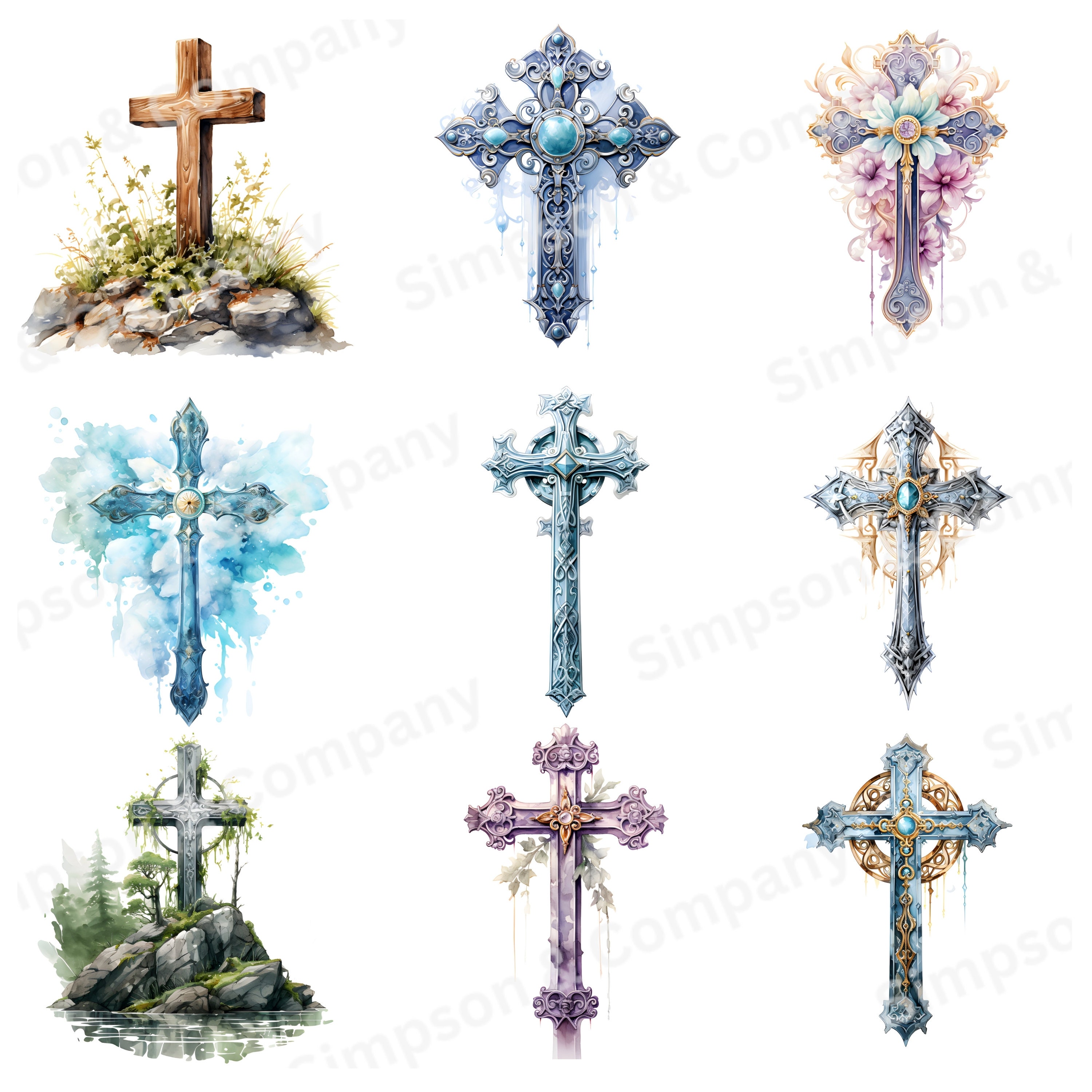 35 PNG Watercolor Fantasy Crosses Clipart, Magical Clipart, Instant ...