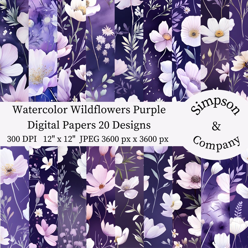 20 Watercolor Wildflowers Purple Digital Paper, JPEG, 12 X 12, Scrapbook Paper, Junk Journal ...