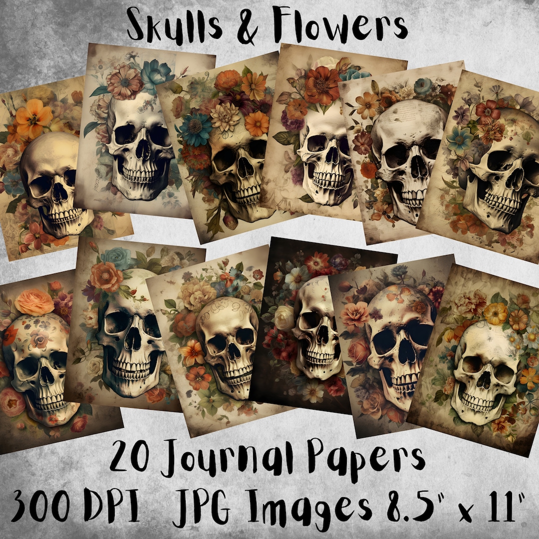 20 Floral Skulls Journal Paper, Digital Paper JPEG, 8.5 X 11, Scrapbook ...