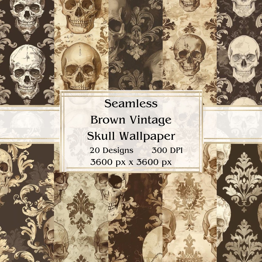 20 Brown Vintage Skull Wallpaper Seamless Digital Paper, JPEG, 12" X 12 ...