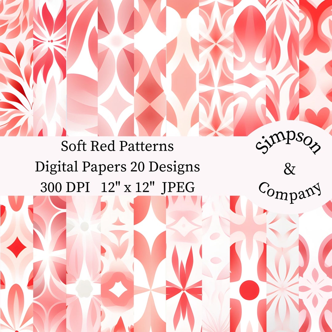 20 Soft Red Patterns Digital Paper, JPEG, 12 X 12, Scrapbook Paper ...