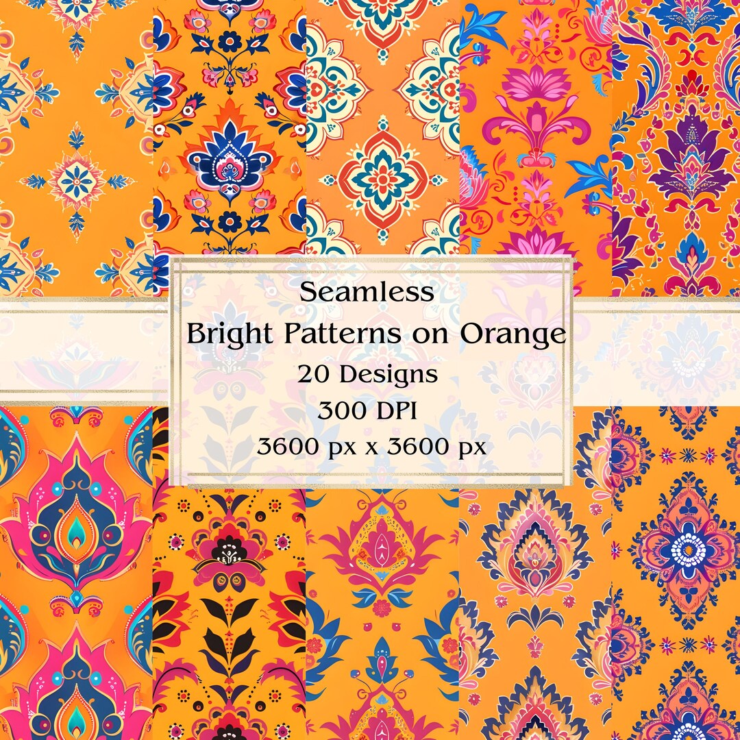 20 Bright Patterns on Orange Seamless Digital Paper, JPEG, 12" X 12 ...