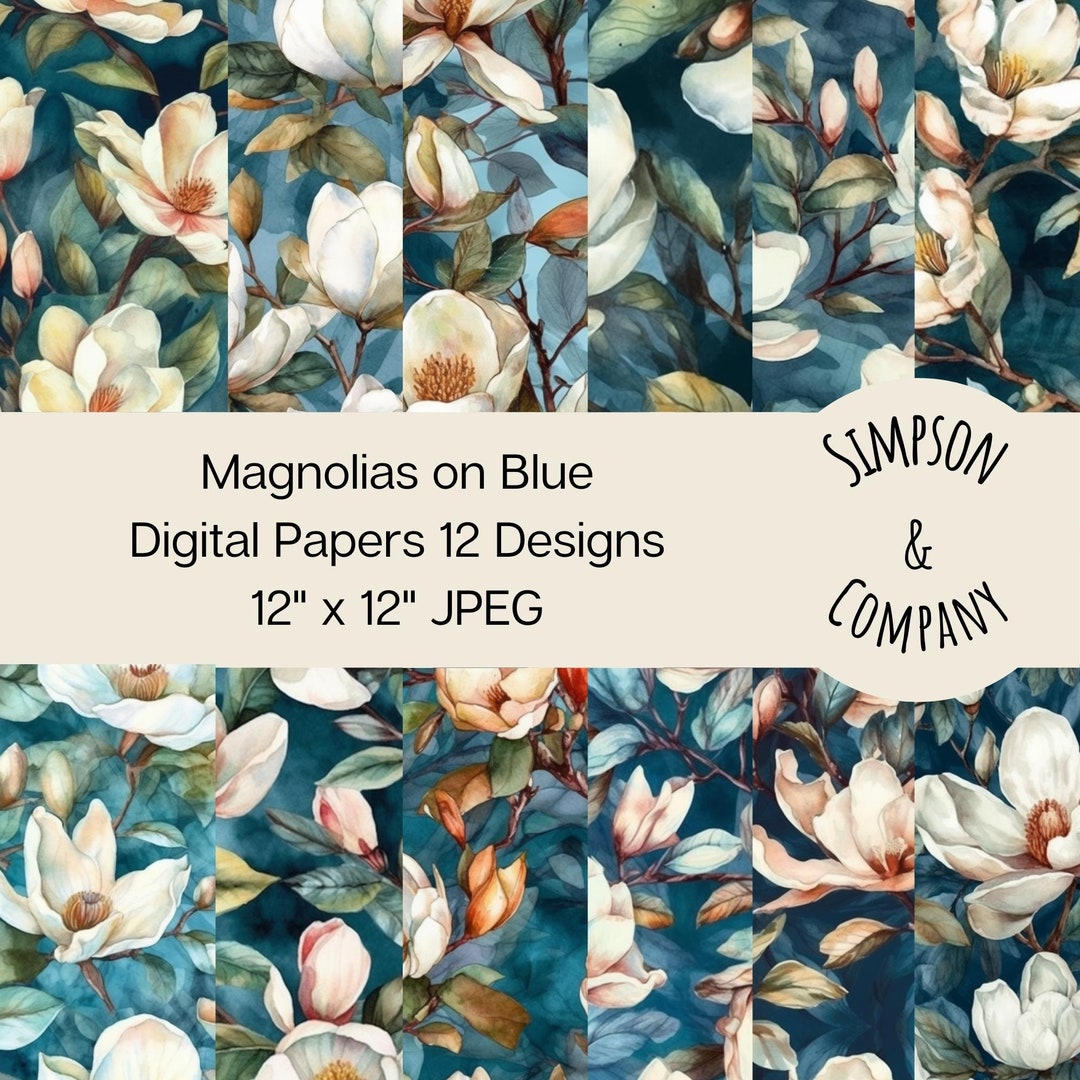12 Watercolor Magnolias on Blue Digital Papers, JPEG, 12" X 12", Scrapbook Paper, Junk Journal ...