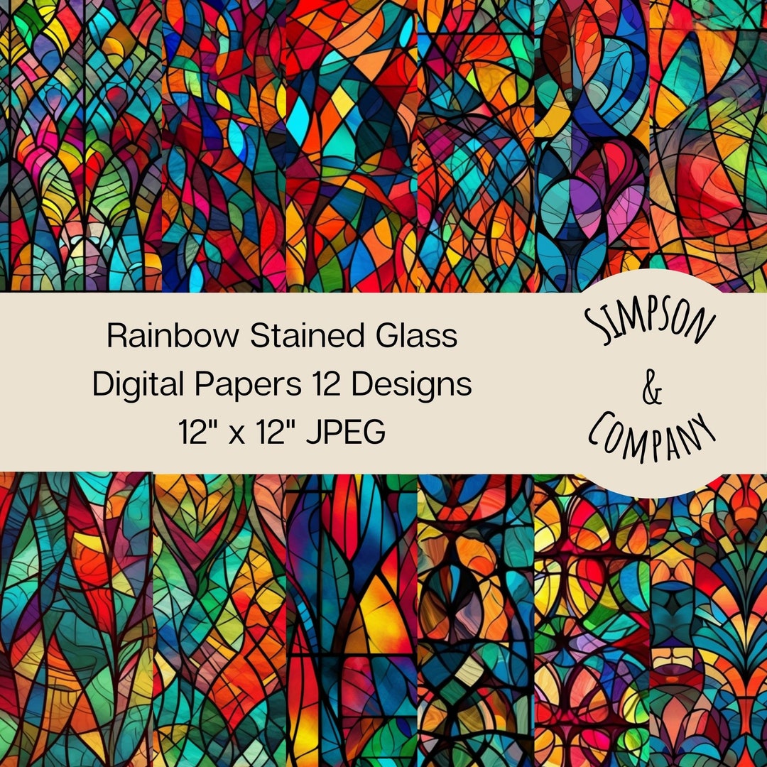 12 Rainbow Stained Glass Digital Papers, JPEG, 12" X 12", Scrapbook ...