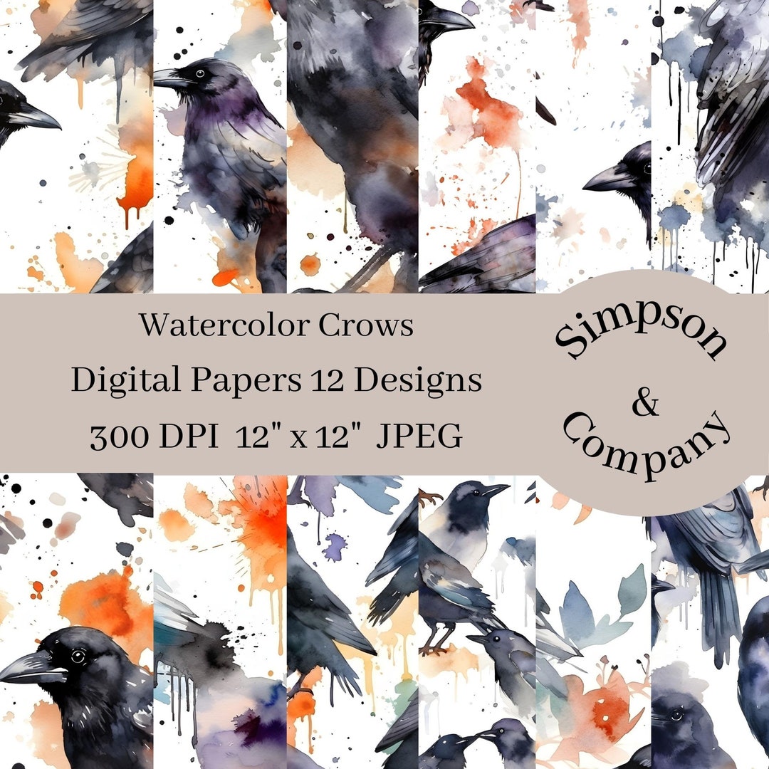 12 Watercolor Crows Digital Papers, JPEG, 12 X 12, Scrapbook Paper ...