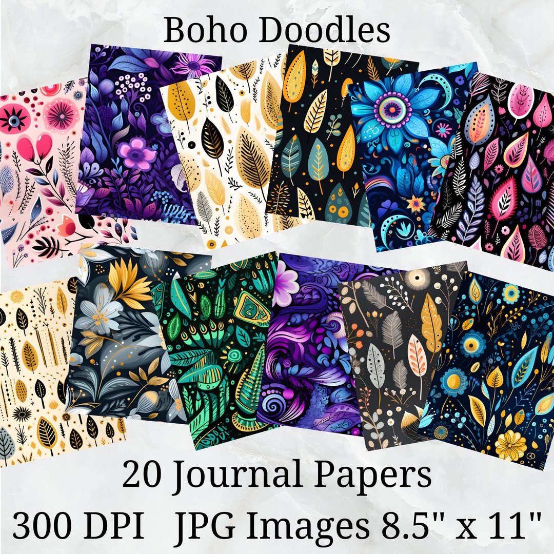 20 Boho Doodles on Black Journal Paper, Digital Paper JPEG, 8.5 X 11 ...