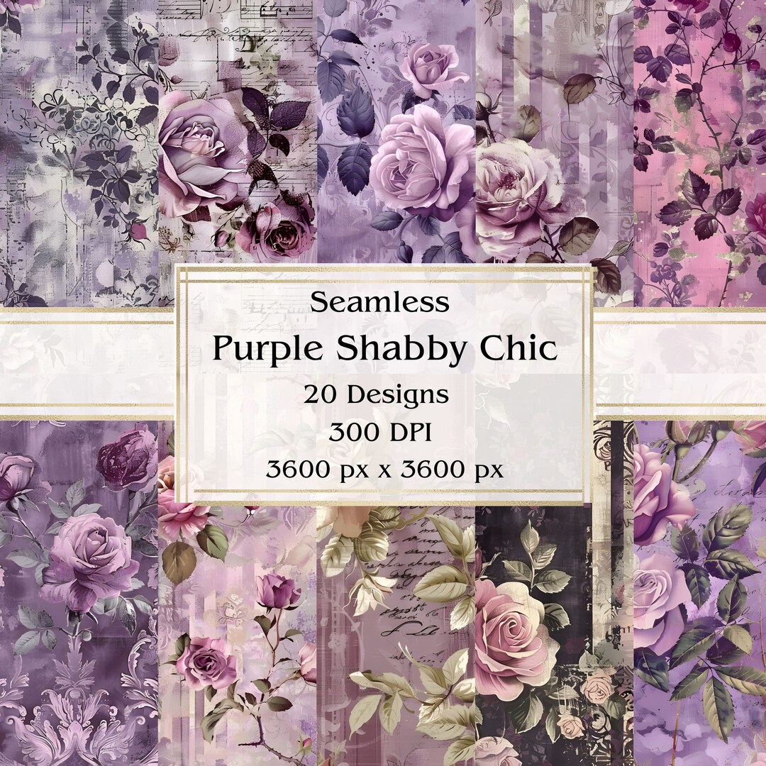 20 Purple Shabby Chic Seamless Digital Paper, JPEG, 12" X 12", Scrapbook Paper, Junk Journal ...
