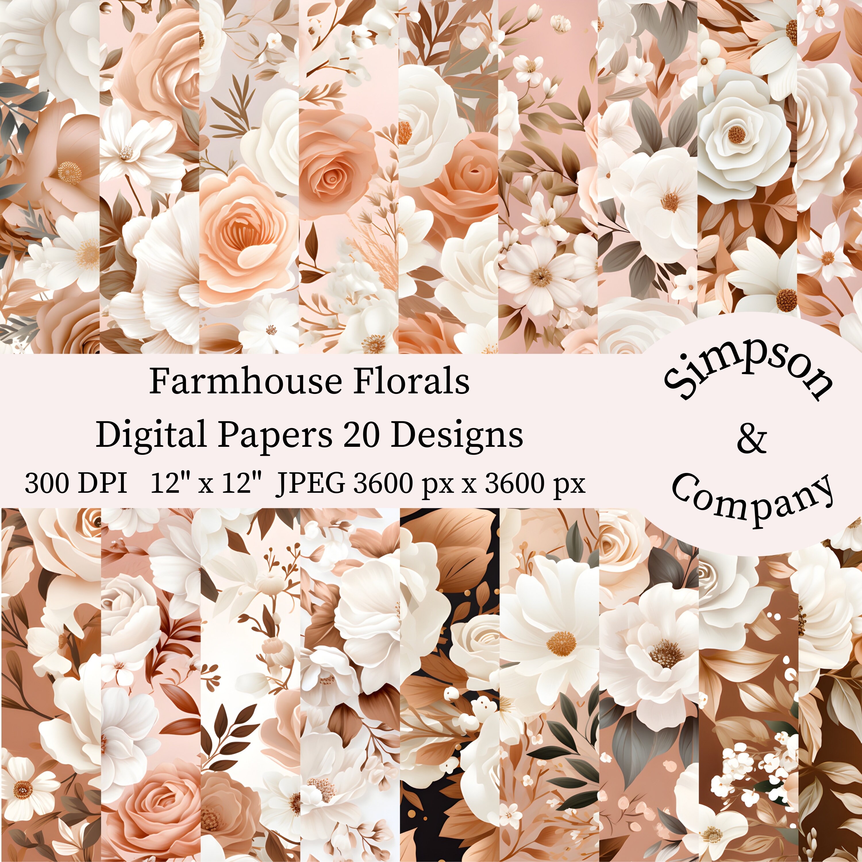 20 Farmhouse Florals Digital Paper, JPEG, 12 X 12, Scrapbook Paper, Junk Journal, Paper Pack ...