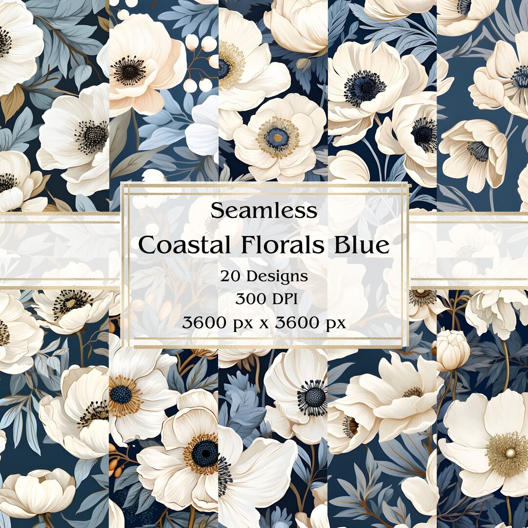 20 Coastal Florals Blue Seamless Digital Paper, JPEG, 12" X 12", Scrapbook Paper, Junk Journal ...