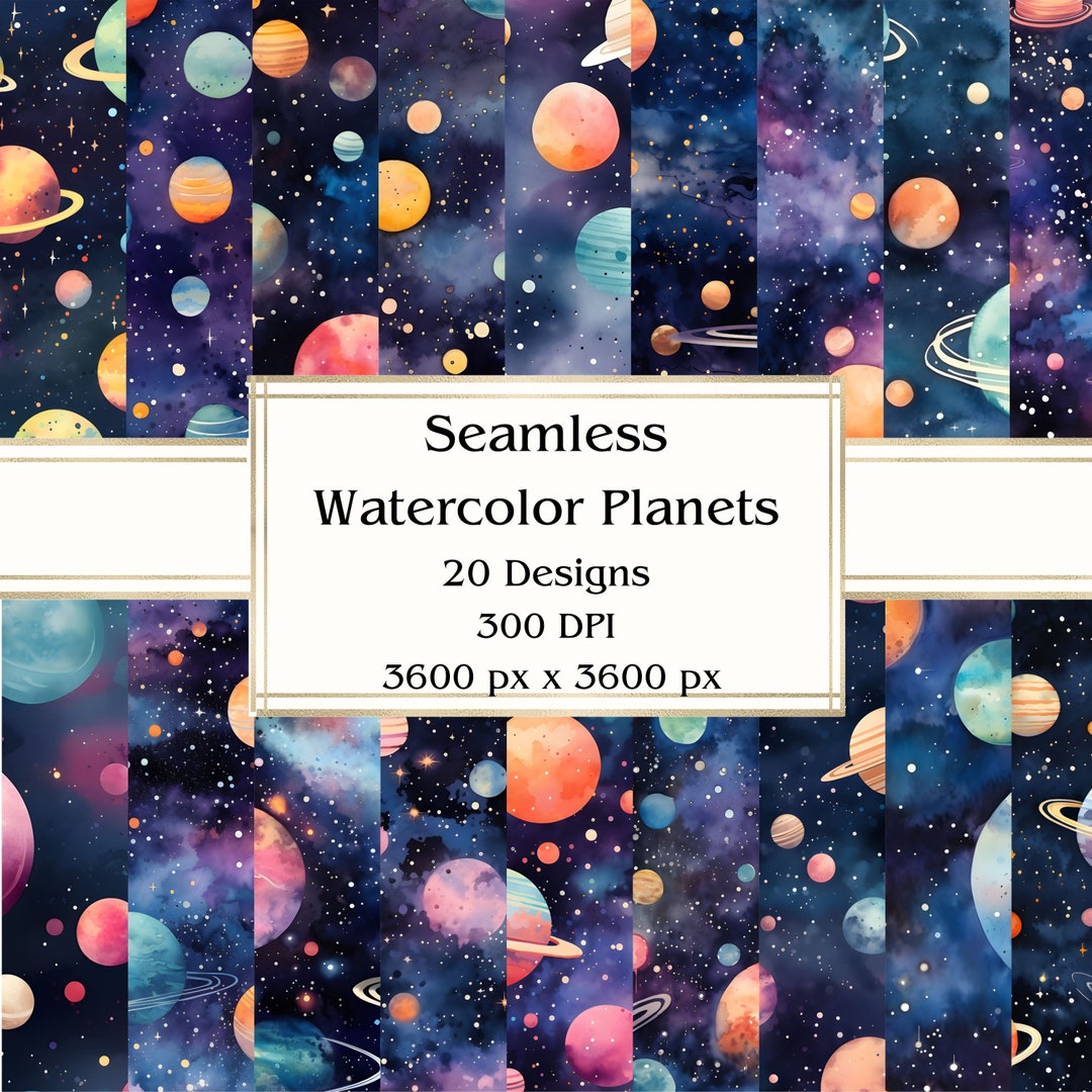 20 Watercolor Planets Seamless Digital Paper, JPEG, 12" X 12 ...