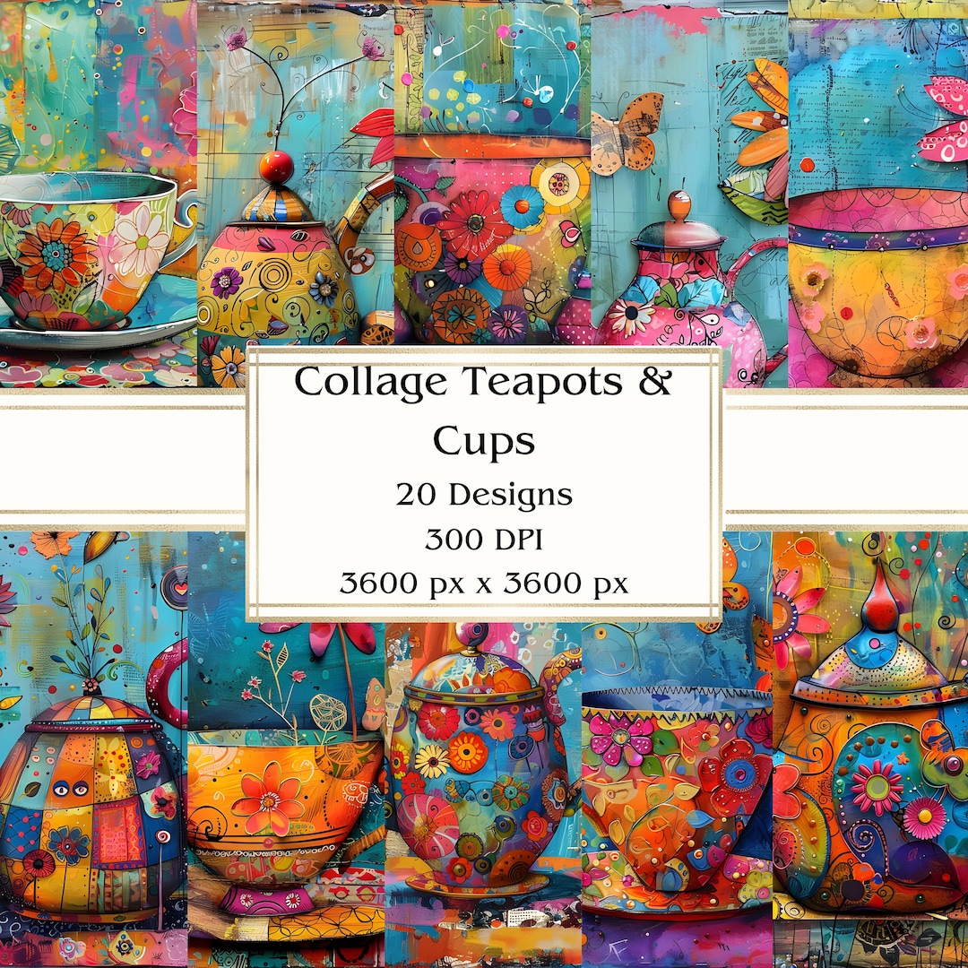 20 Collage Teapots & Cups Digital Paper, JPEG, 12" X 12", Scrapbook ...