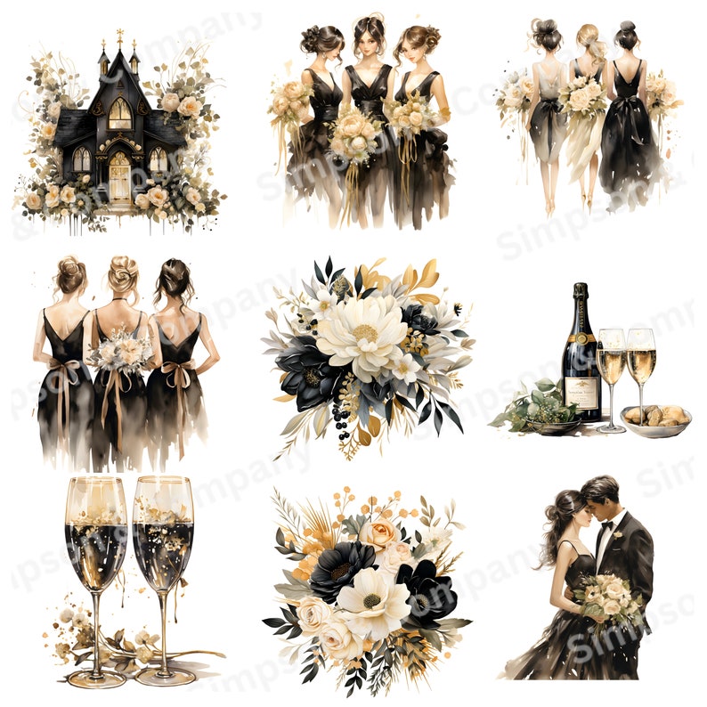 35 PNG Watercolor Black & Gold Wedding Clipart, Wedding Graphics ...