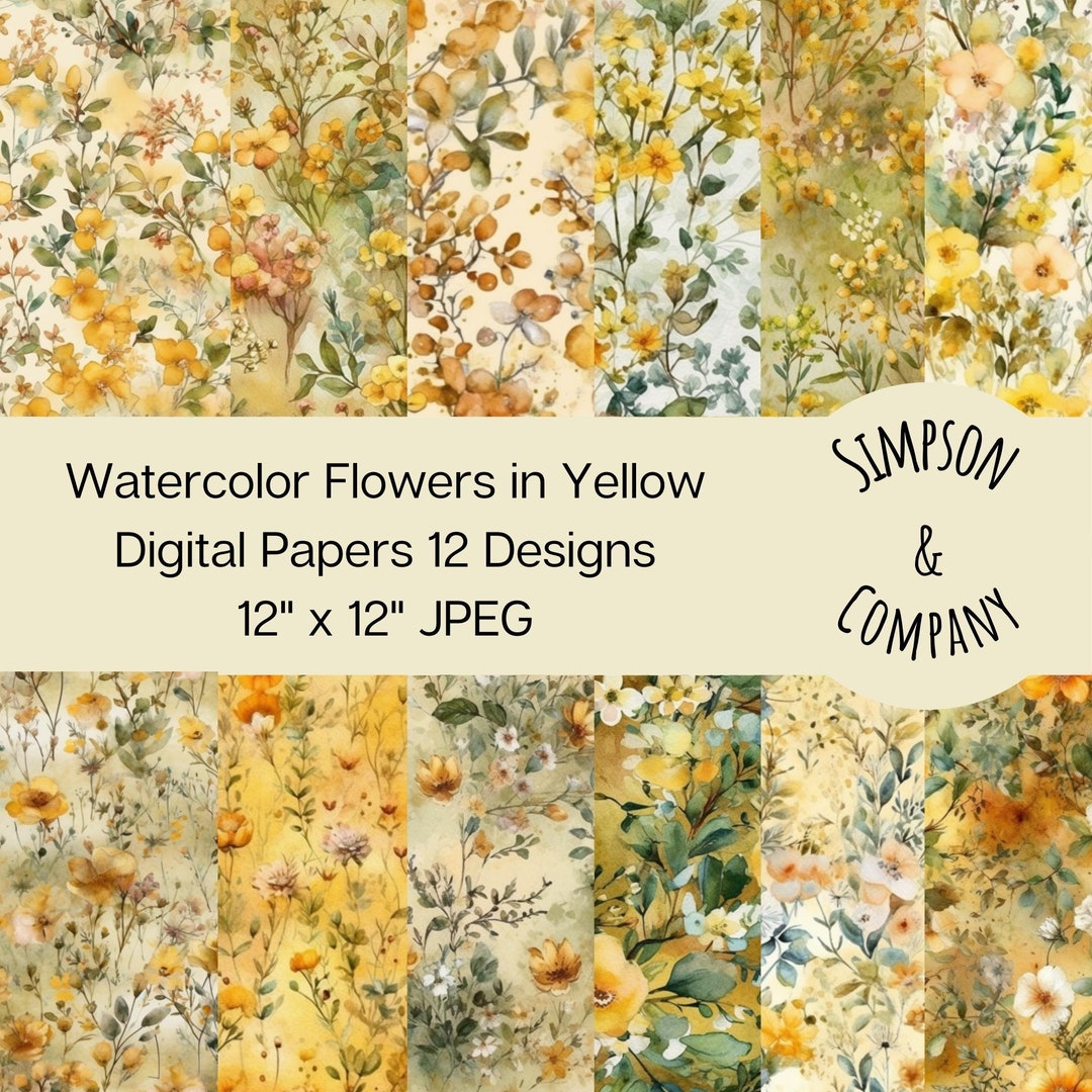 12 Watercolor Florals in Yellow Digital Papers, JPEG, 12" X 12 ...