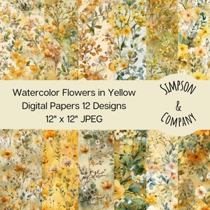 12 Watercolor Florals in Yellow Digital Papers, JPEG, 12" X 12 ...