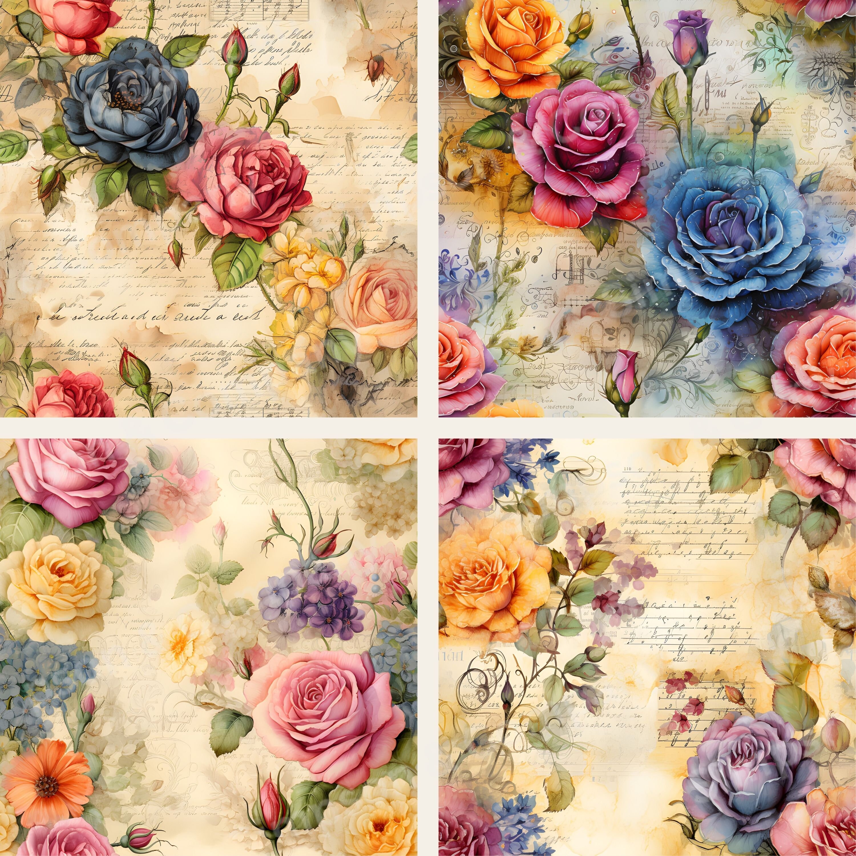20 Rainbow Roses on Aged Paper Seamless Digital Paper, JPEG, 12 X 12, Scrapbook Paper, Junk ...