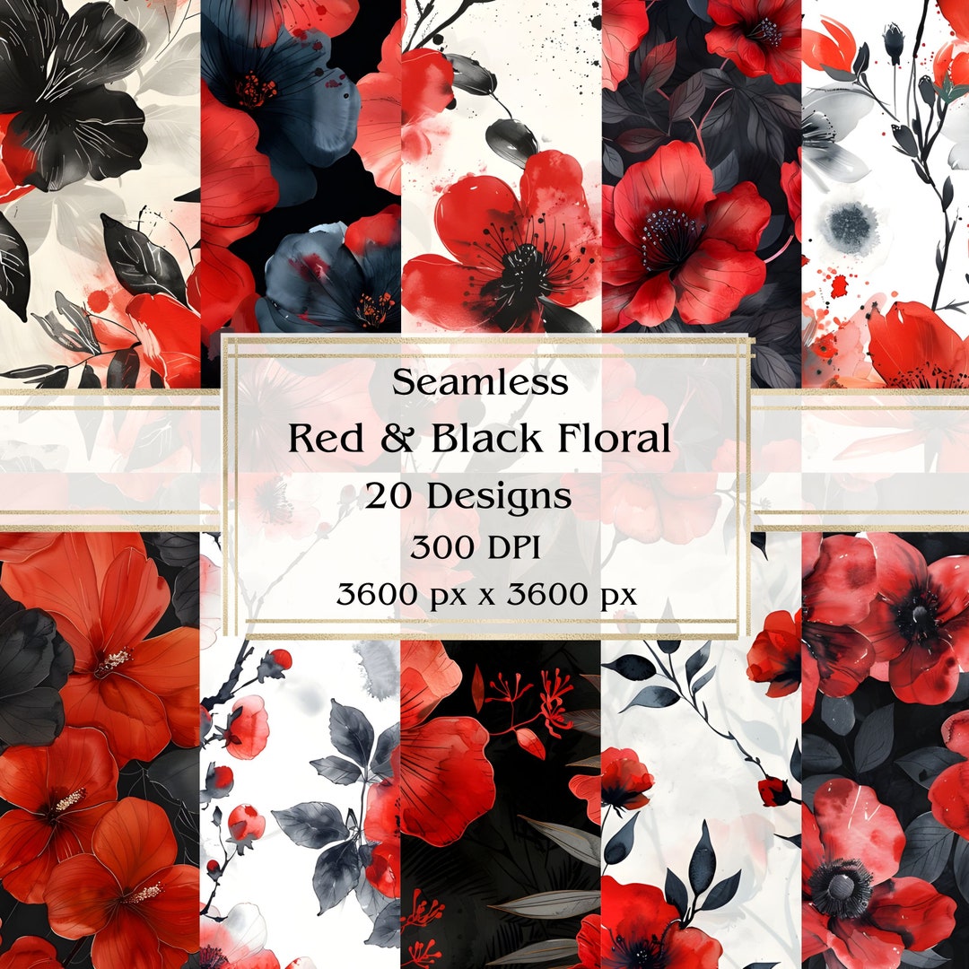 20 Red & Black Floral Seamless Digital Paper, JPEG, 12" X 12 ...