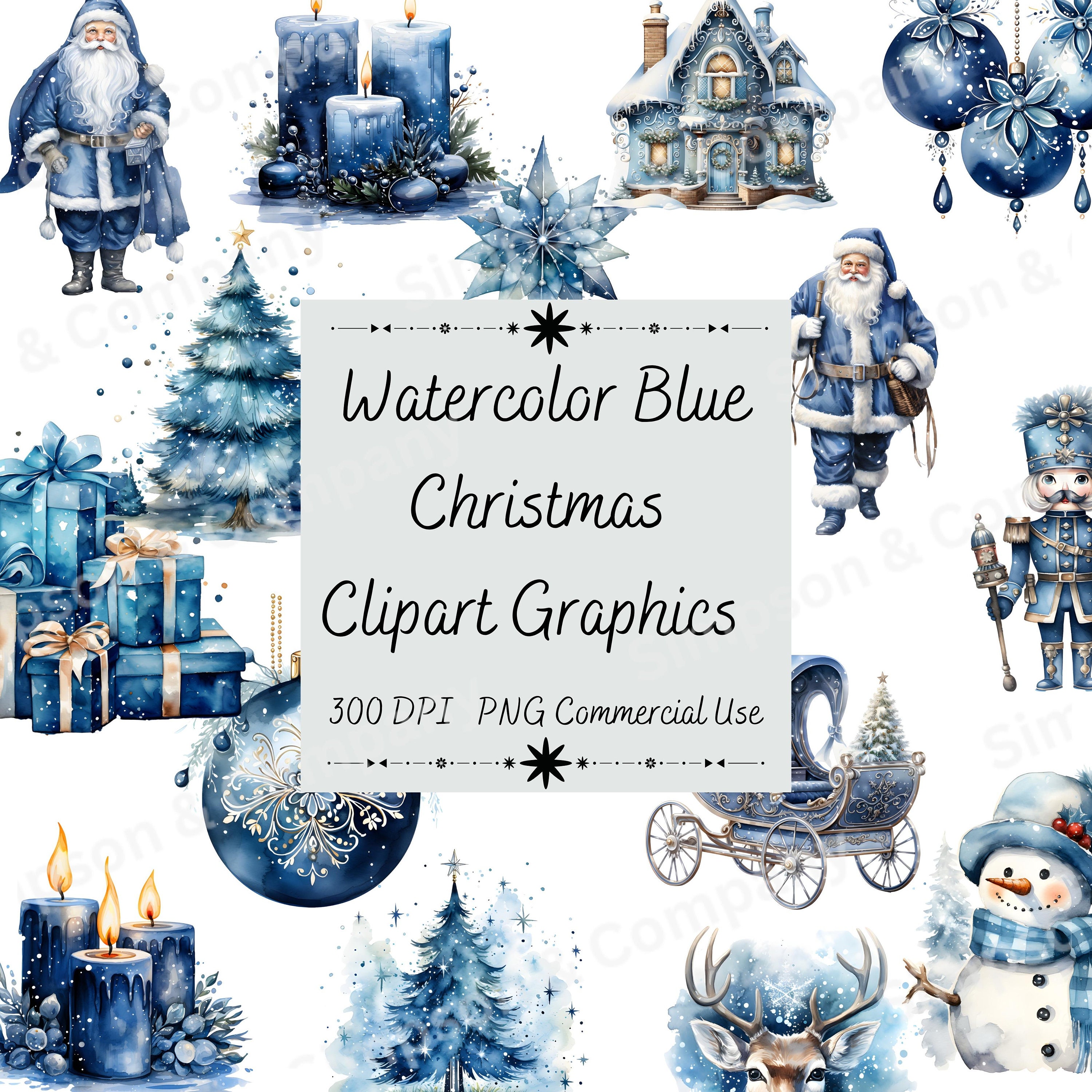 35 PNG Watercolor Blue Christmas Clip Art, Christmas Clip Art, Instant ...