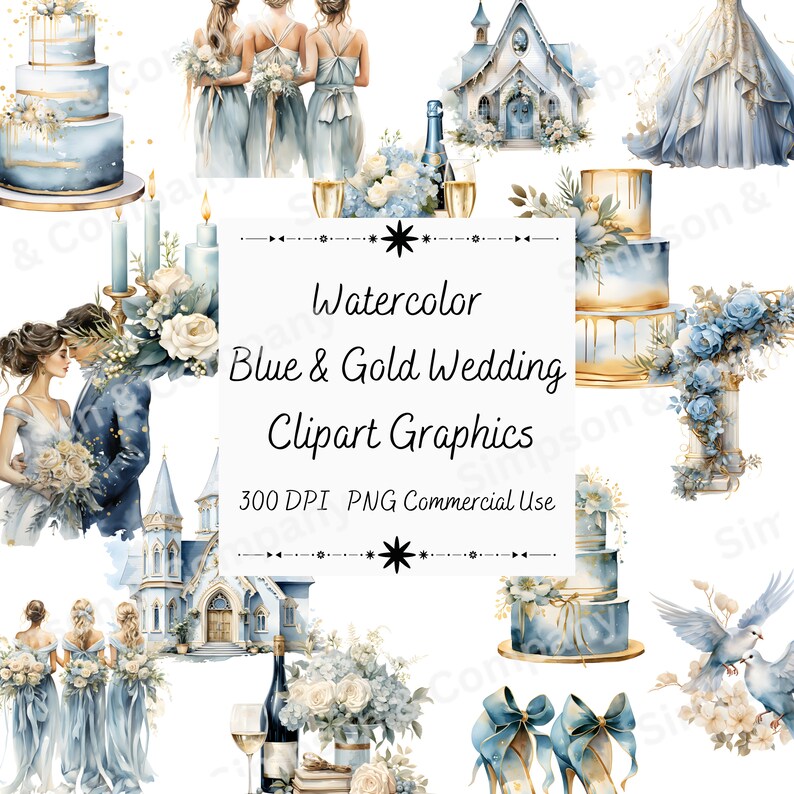 35 PNG Watercolor Blue & Gold Wedding Clipart, Wedding Graphics ...