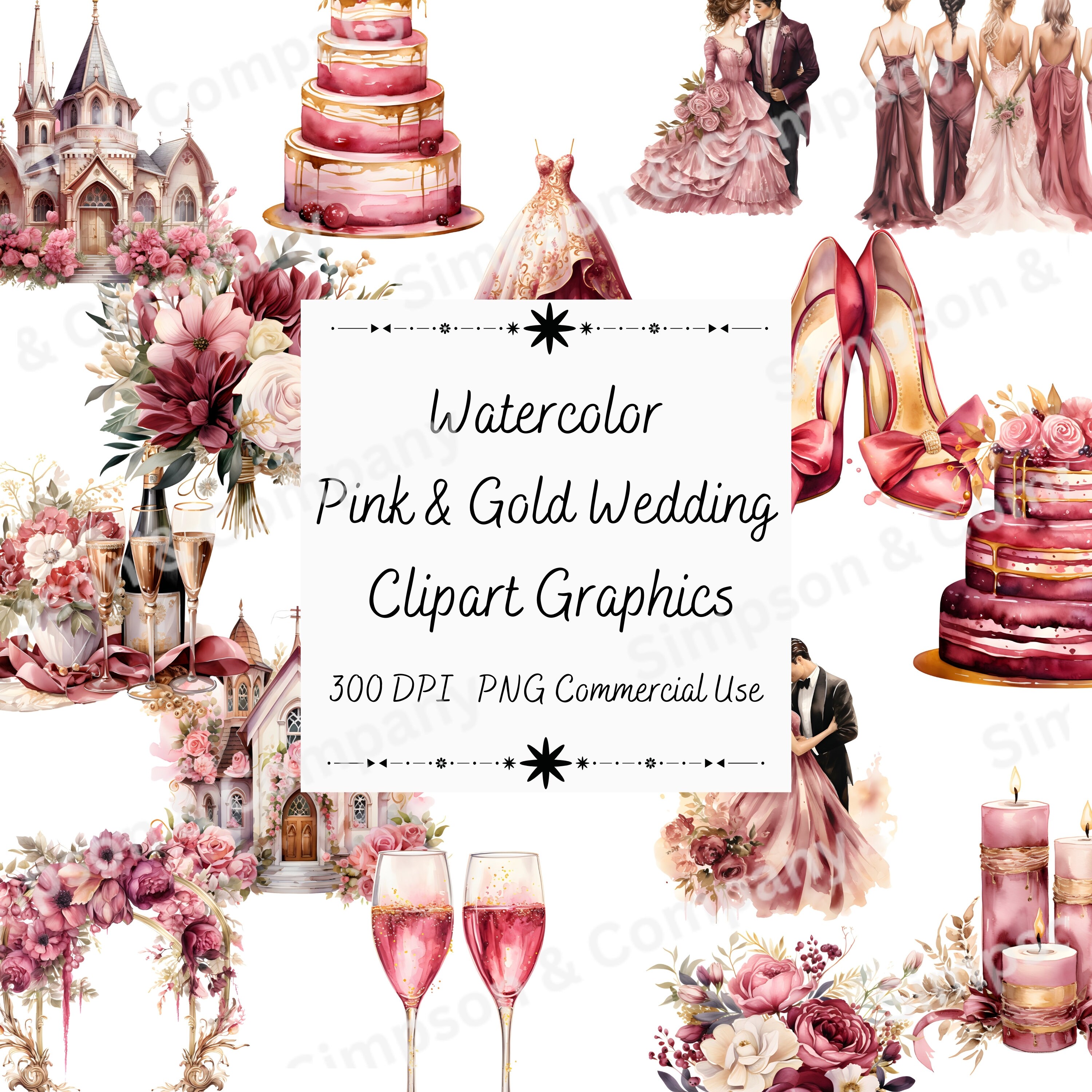 35 PNG Watercolor Pink & Gold Wedding Clipart, Wedding Graphics ...