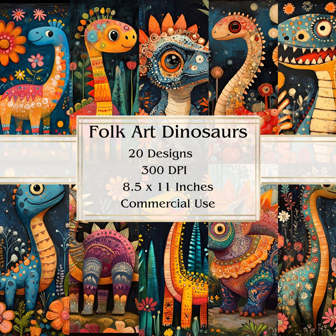 20 Folk Art Dinosaurs Journal Paper, Digital Paper JPEG, 8.5" X 11 ...