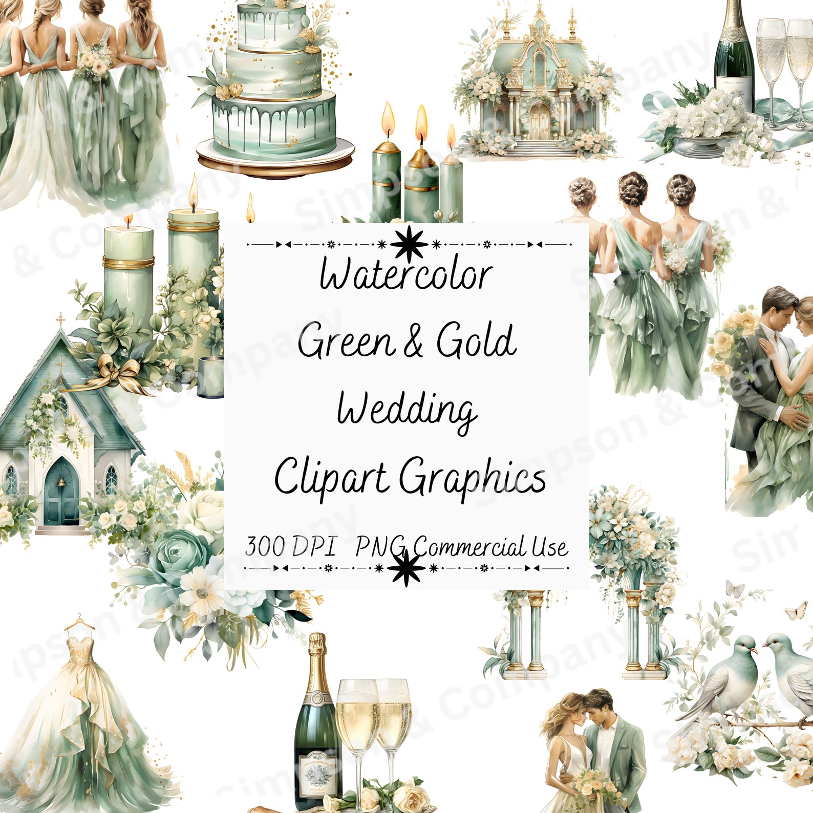 35 PNG Watercolor Green & Gold Wedding Clipart, Wedding Graphics ...