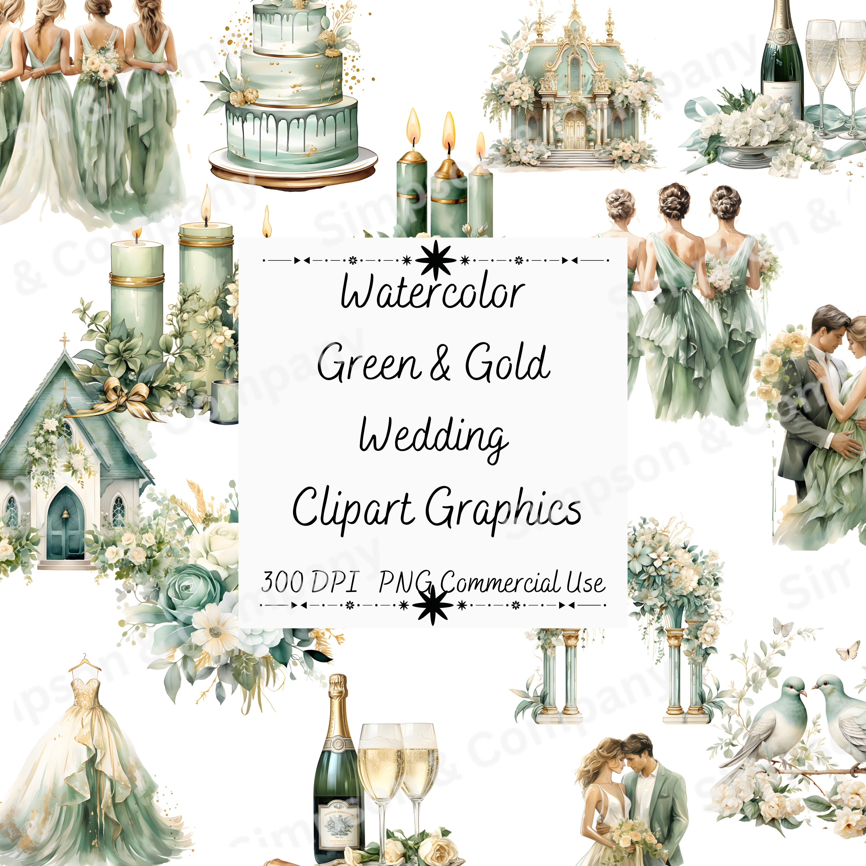 35 PNG Watercolor Green & Gold Wedding Clipart, Wedding Graphics ...