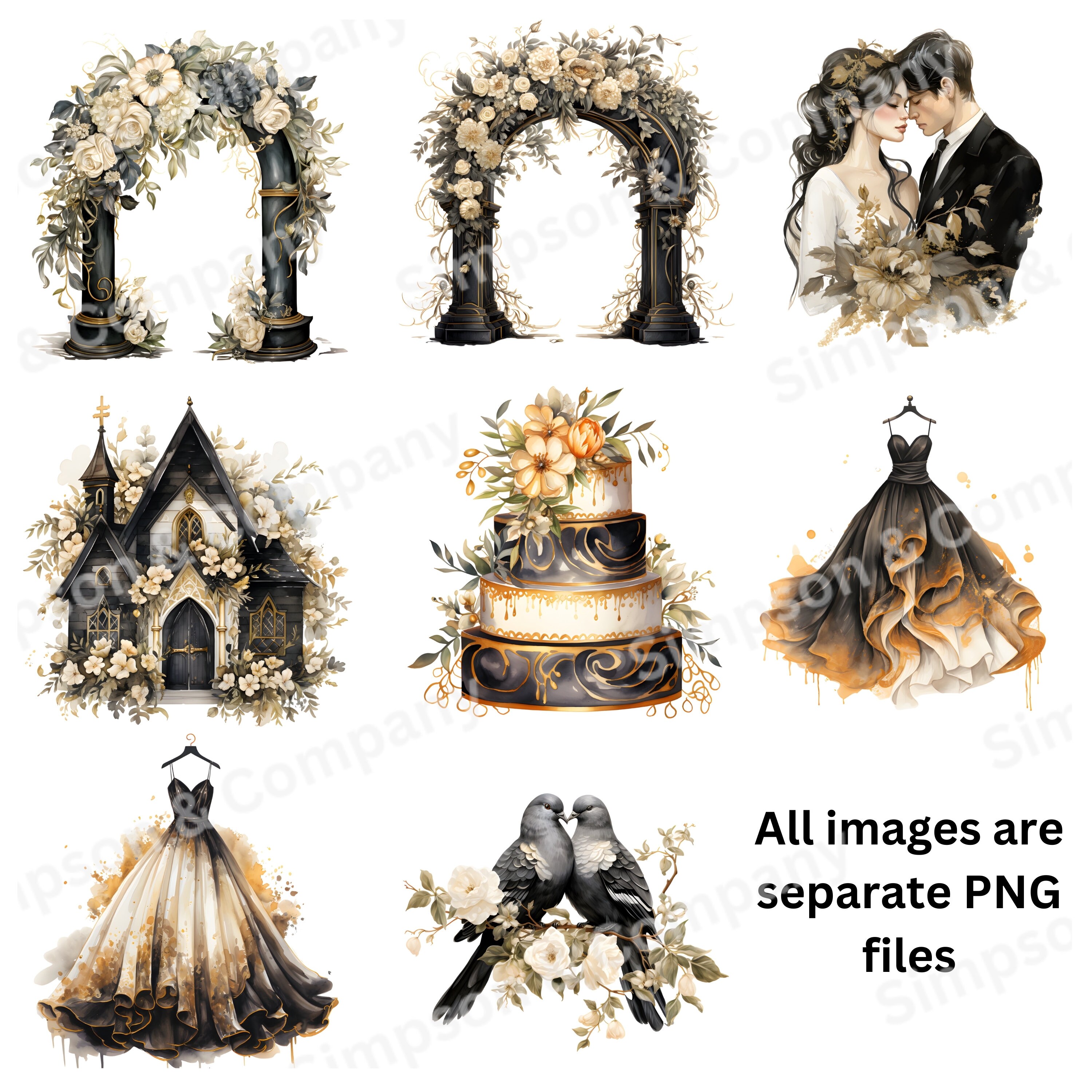 35 PNG Watercolor Black & Gold Wedding Clipart, Wedding Graphics ...