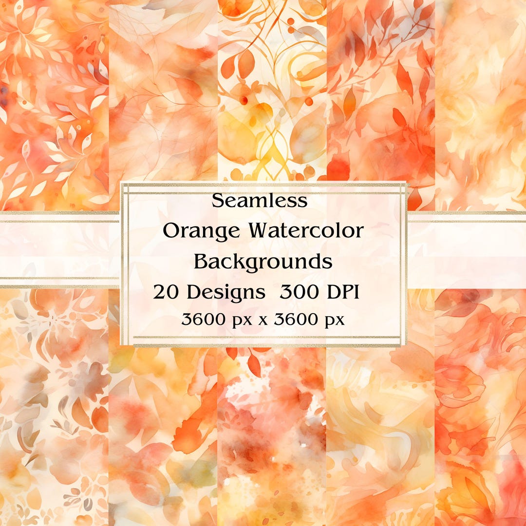 20 Orange Watercolor Backgrounds Seamless Digital Paper, JPEG, 12" X 12 ...