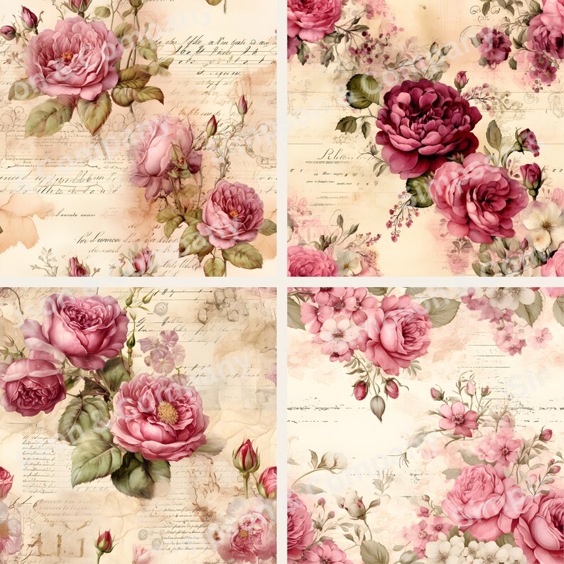 20 Pink Roses on Aged Paper Seamless Digital Paper, JPEG, 12 X 12 ...